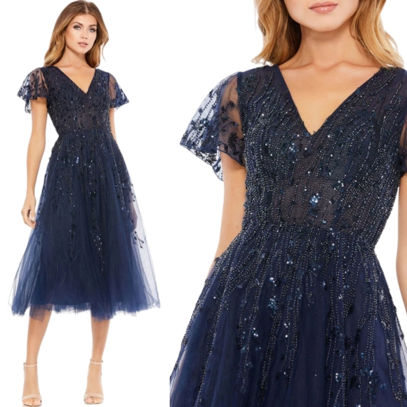 Mac Duggal | Dresses | Mac Duggal 598 Size 6 Beaded Flutter Sleeve Tea Length Navy Midnight ...